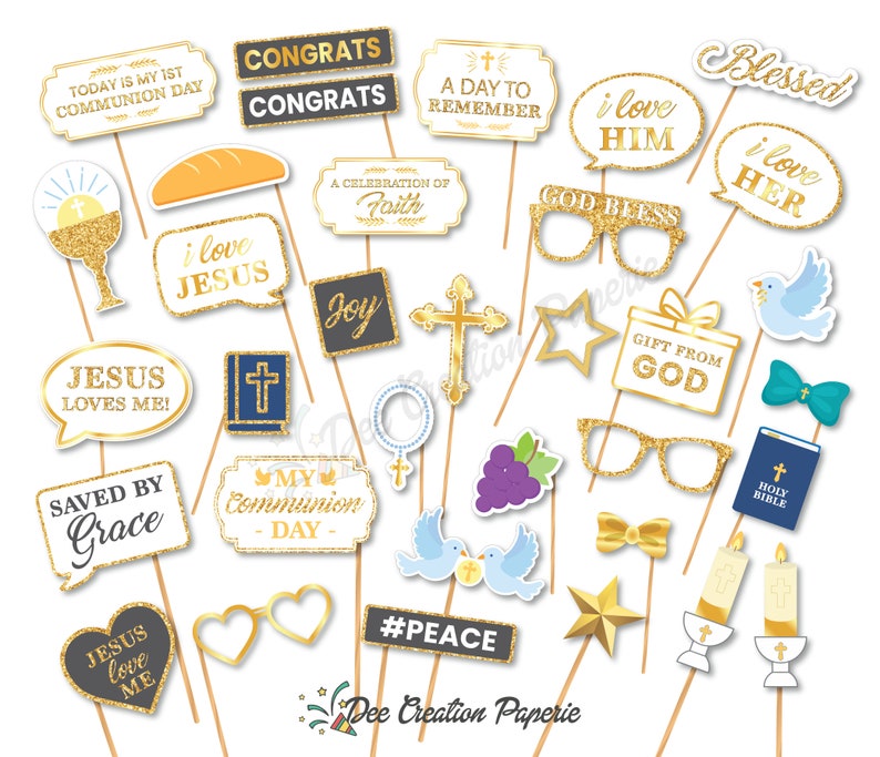 First Communion Gold Glitter Printable Photobooth Props-christening ...