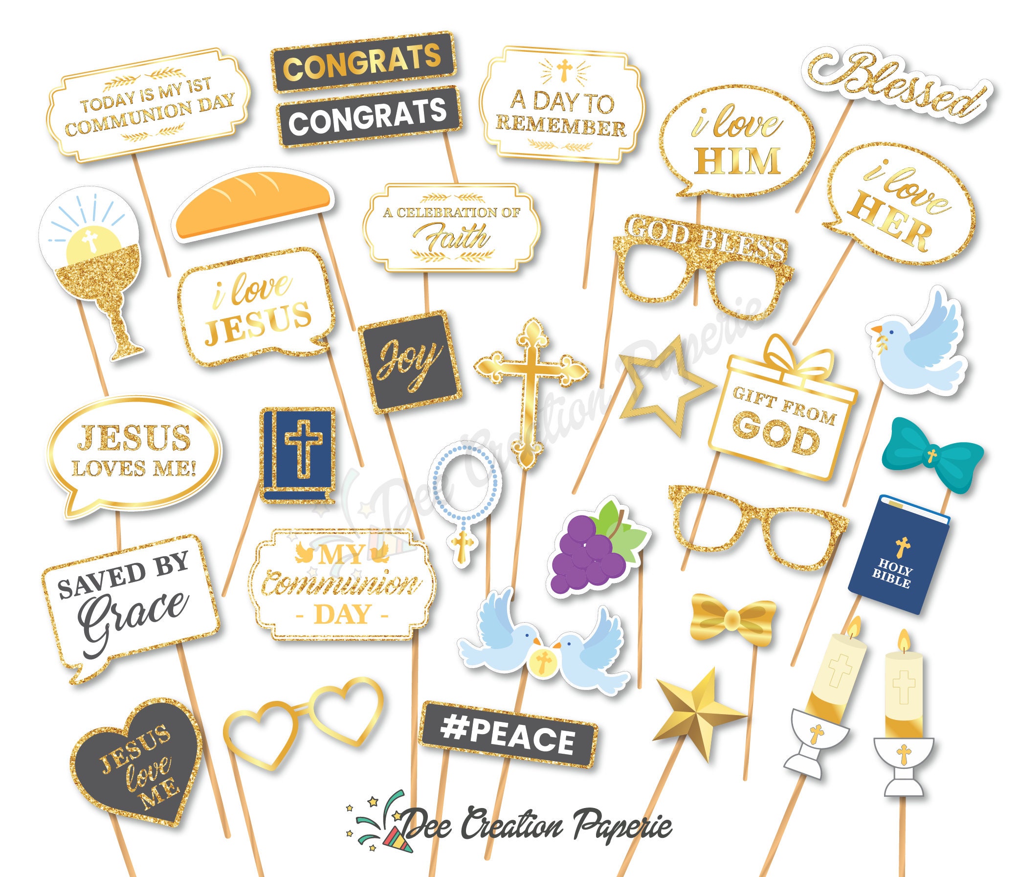 First Communion Gold Glitter Printable Photobooth Props-christening ...