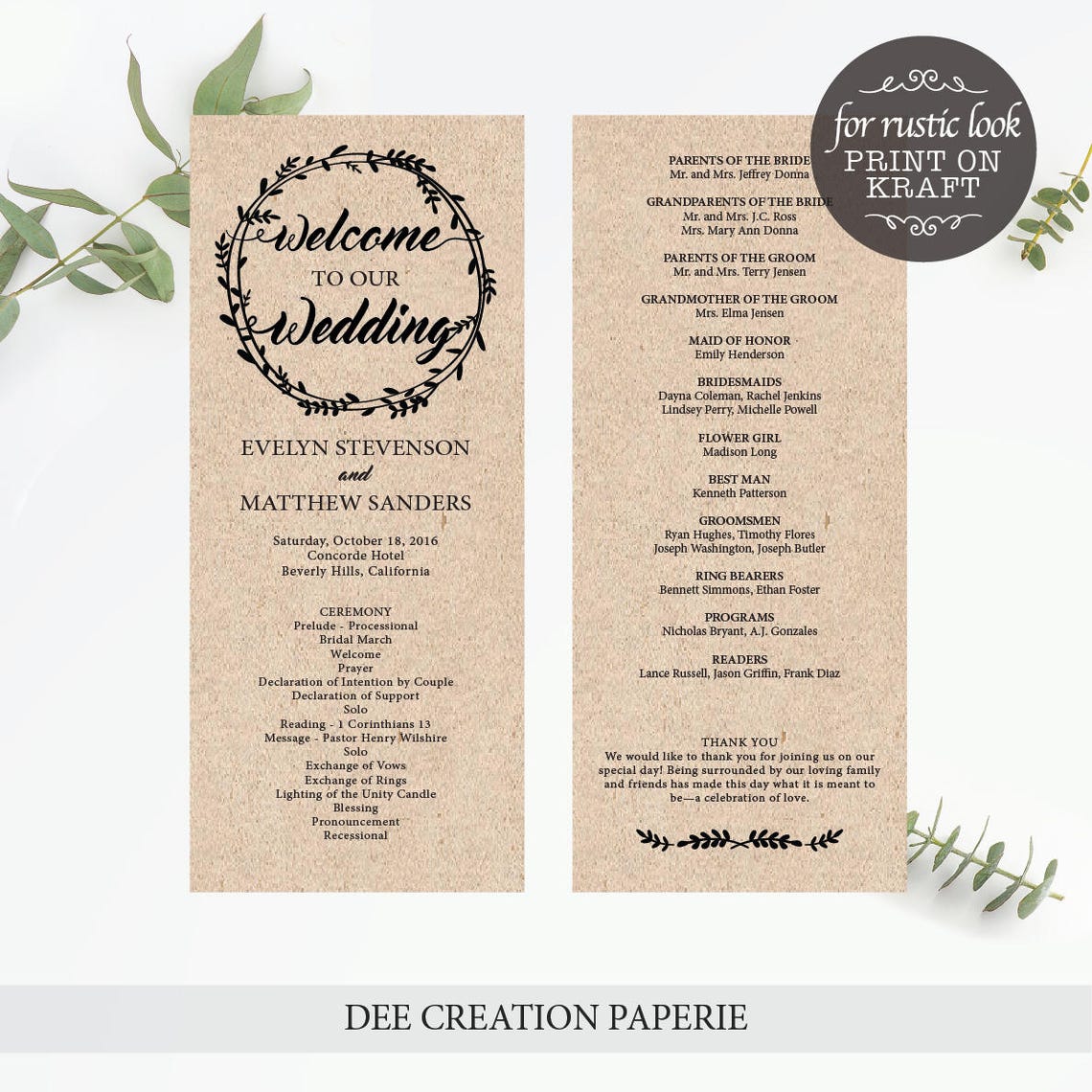 Printable Program Card, Wreath Wedding Program,wedding Program Template ...