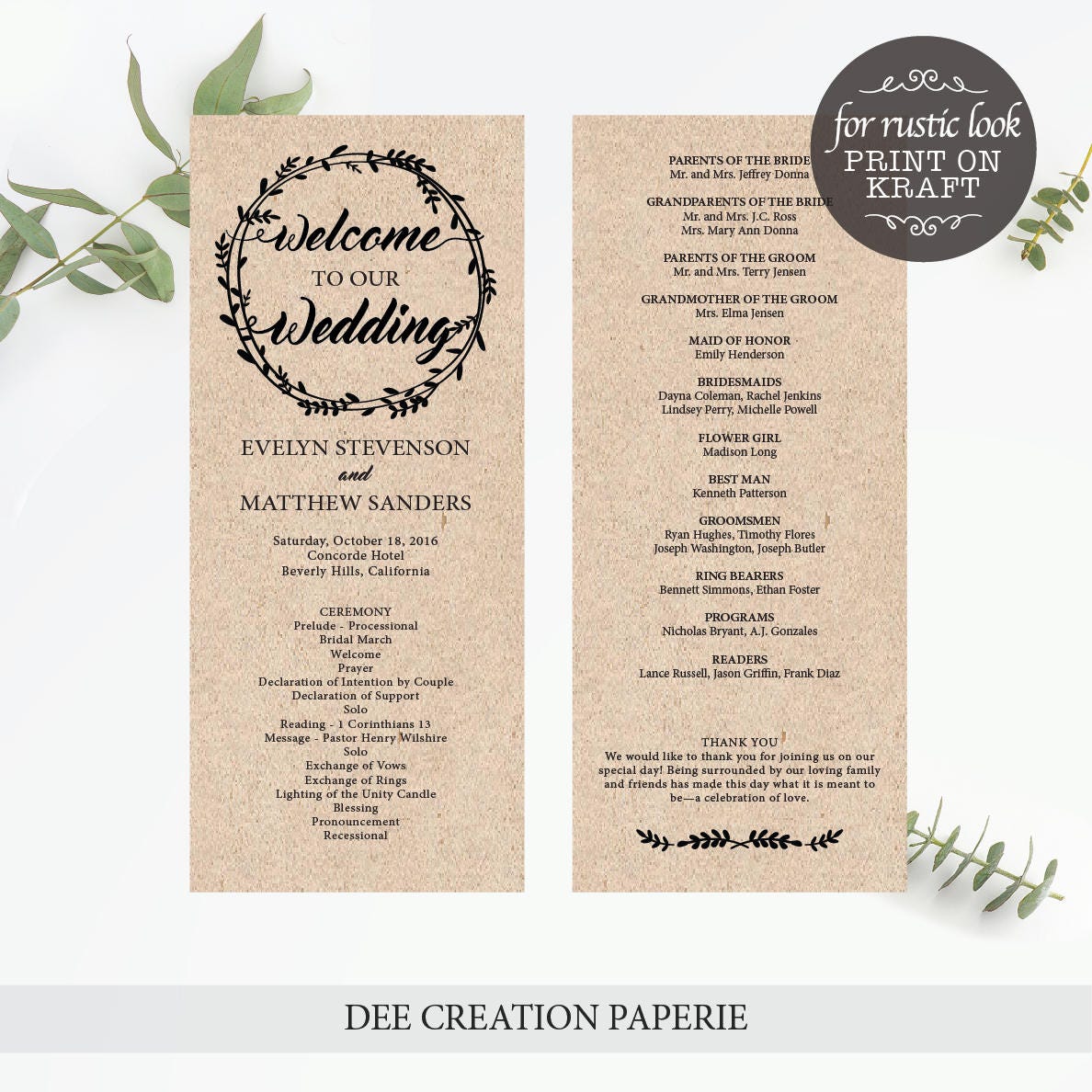 Printable Program Card, Wreath Wedding Program,wedding Program Template ...