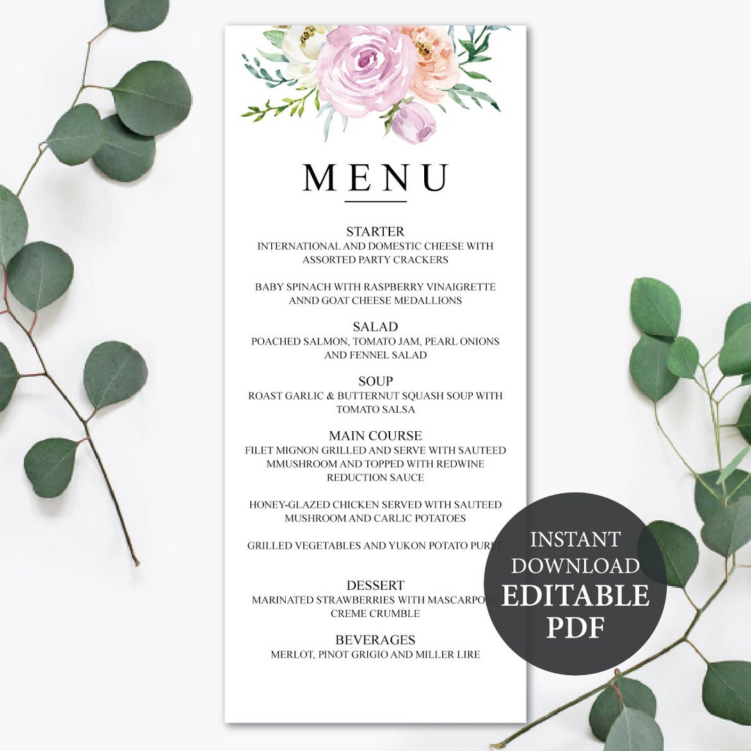 Printable Menu, Floral Gold Geometric Menu Card,-garden Wedding Menu ...
