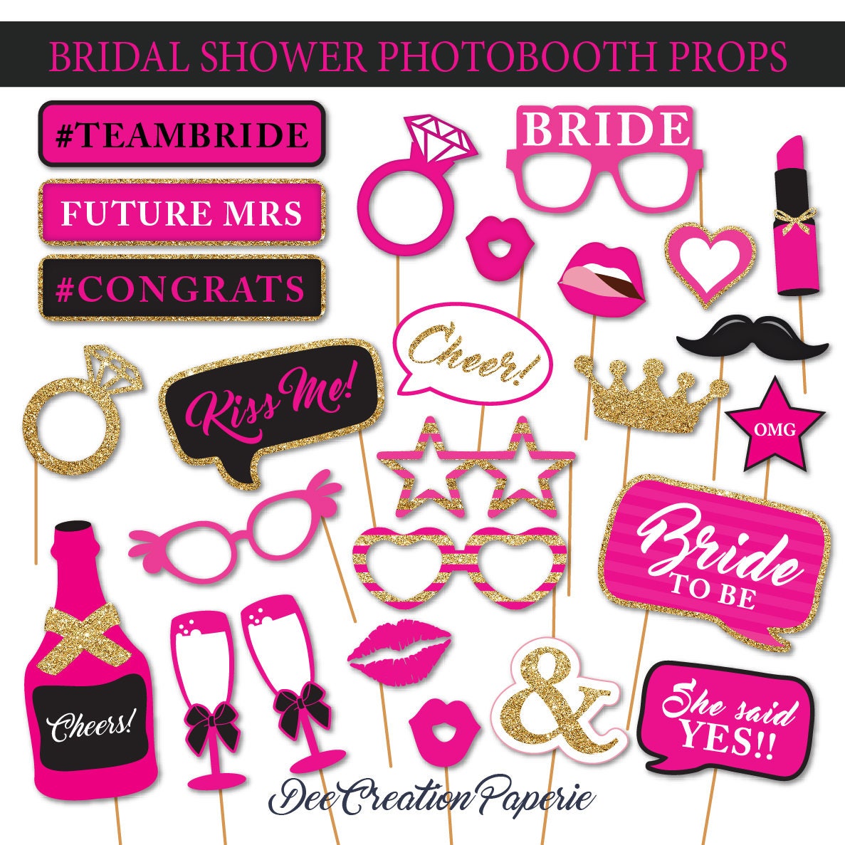 Printable HOT PINK Bridal Shower Photobooth Props - Wedding Photo Booth ...