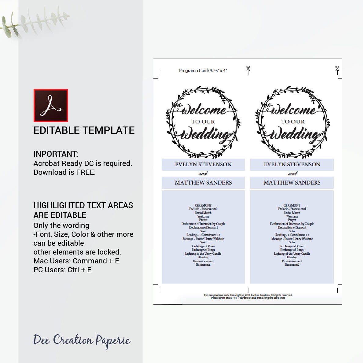 Printable Program Card, Wreath Wedding Program,wedding Program Template ...