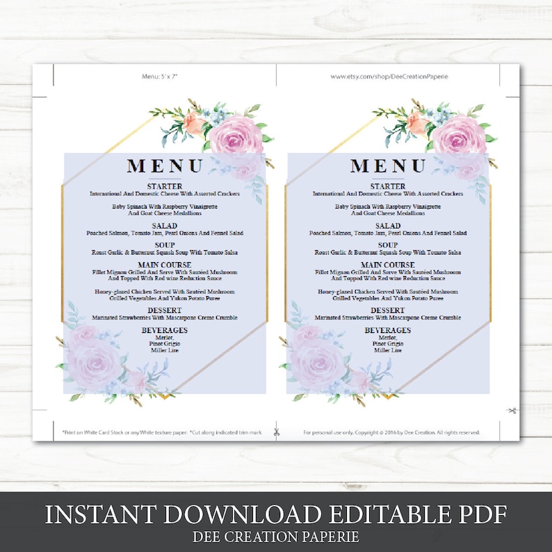 Printable Menu, Floral Gold Geometric Menu Card,-garden Wedding Menu ...