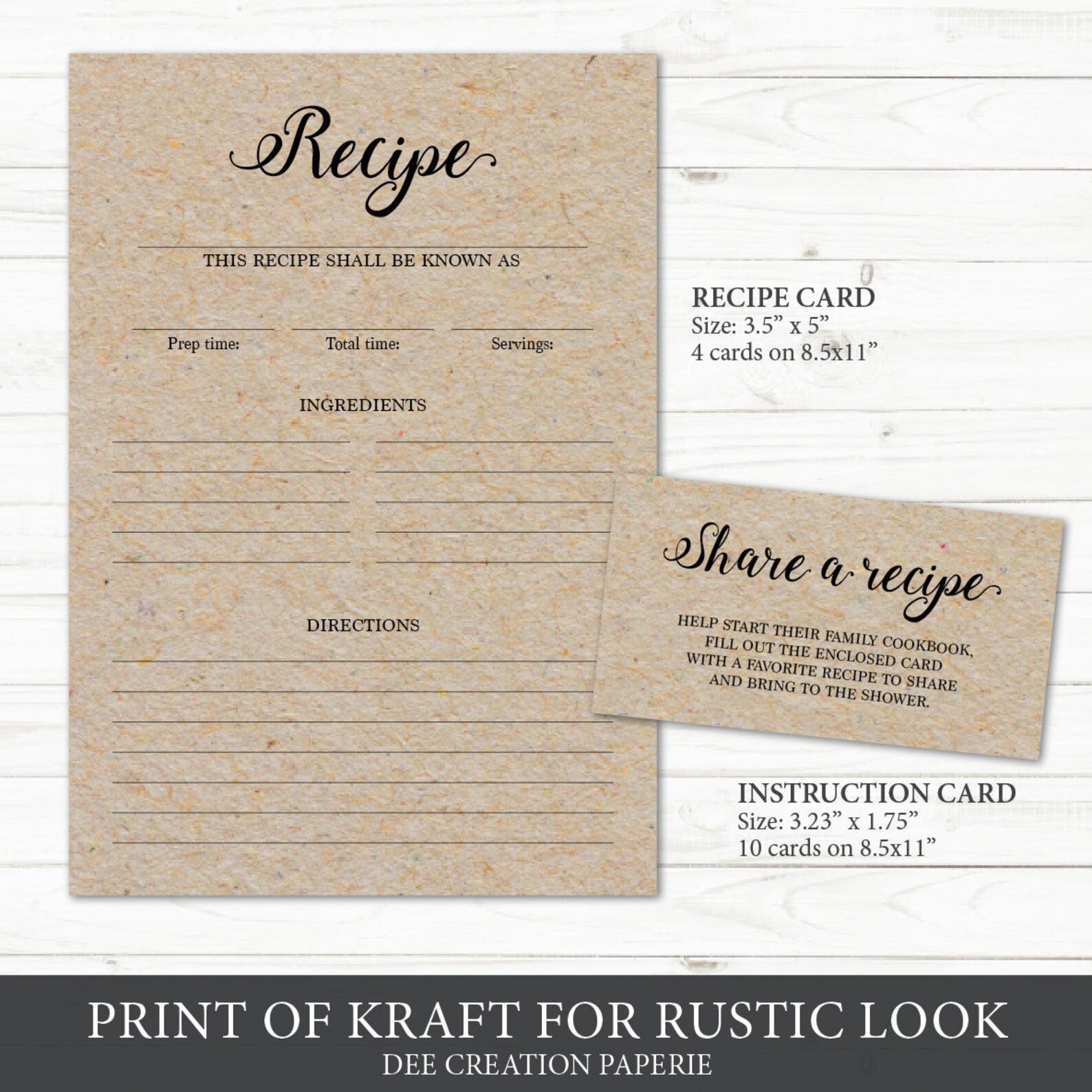 Recipe Cards Printable, Rustic Recipe Cards, Recipe Cards, Recipes for ...