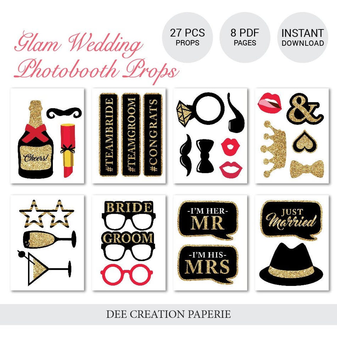 Printable Wedding Photobooth Props Glam Wedding Photo Booth Props ...