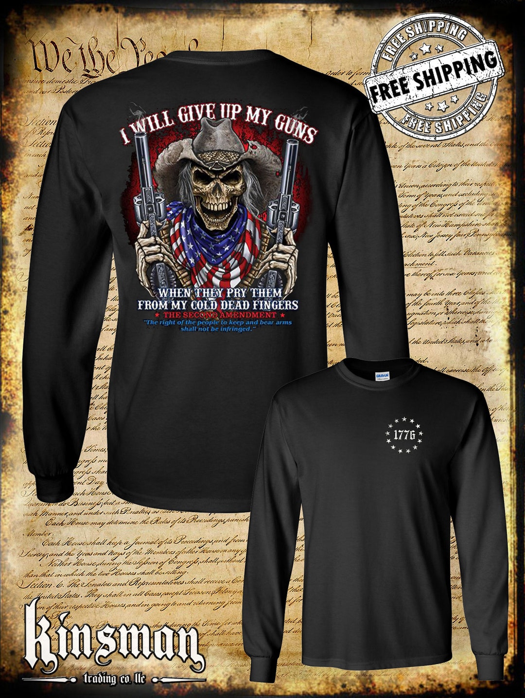 2nd Amendment Cowboy Skull 2-sided Long Sleeve T-shirt American Flag ...