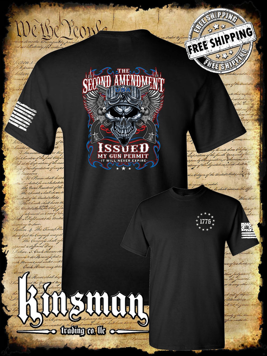 2nd Amendment Issued My Gun Permit 2-sided T-shirt Never Expires Skull ...