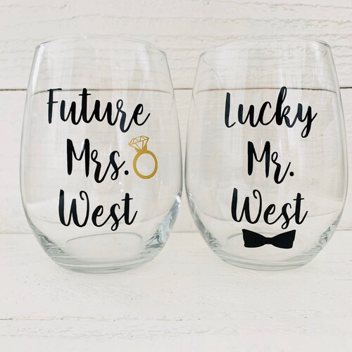 Personalized Future Mrs And Lucky Mr Wine Glass Set Bride Etsy