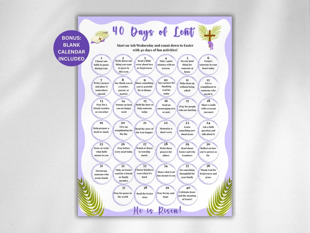 40 Days of Lent Countdown Calendar, Christian Lenten Activities for ...