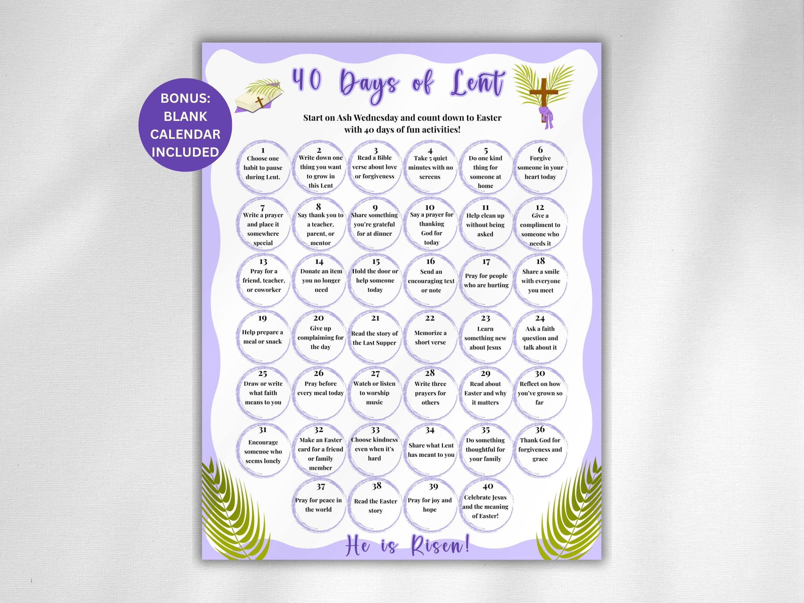40 Days of Lent Countdown Calendar, Christian Lenten Activities for ...