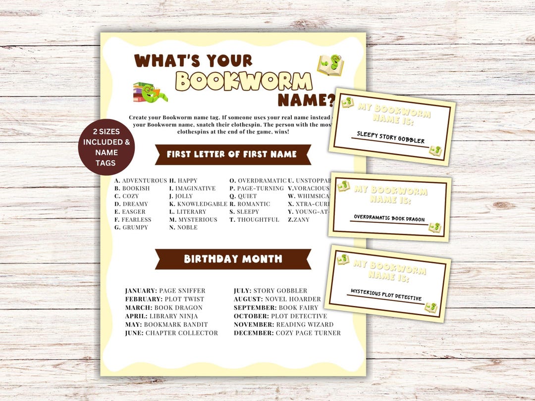What's Your Bookworm Name, Book Club Activity for Kids Adults, Literacy ...