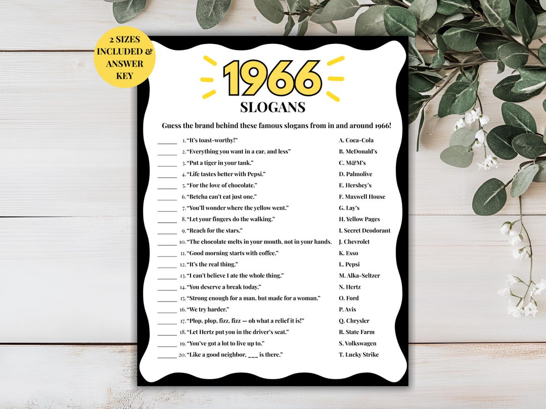 60th Birthday Slogans Game, TV and Radio Trivia Game, 1966 Trivia Match ...