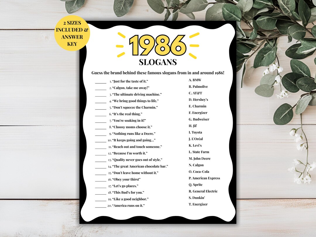 40th Birthday Slogans Game, TV and Radio Trivia Game, 1986 Trivia Match ...