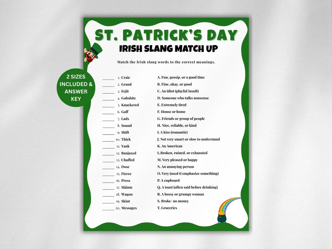 St. Patrick's Day Irish Slang Match Up, Office Game, Icebreaker, St ...