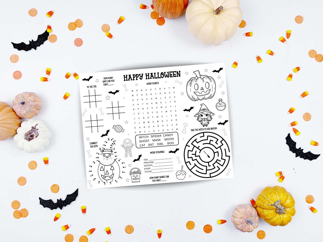 Halloween Coloring Page Activity Placemat, Printable Kids Halloween ...