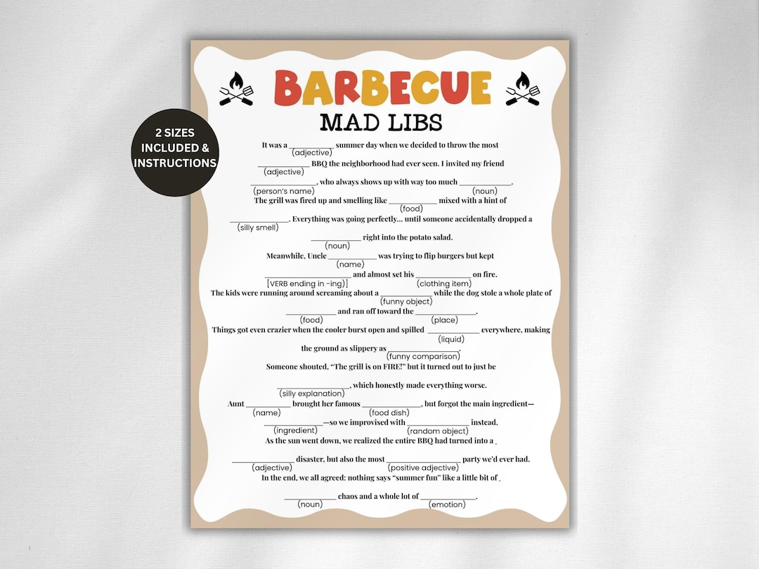 BBQ Mad Libs Game Printable, Backyard BBQ Chaos Party Game, Summer ...