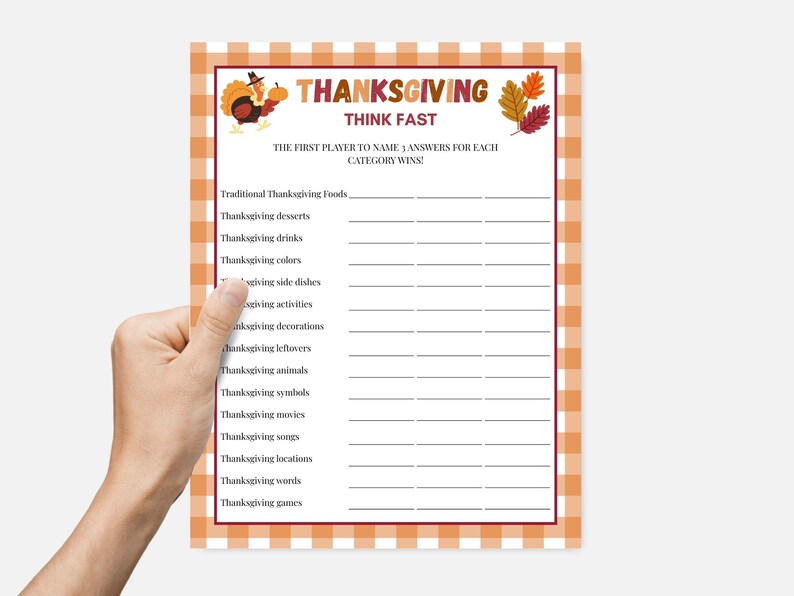 Thanksgiving Think Fast Game, Fun Thanksgiving Game for Adults Kids ...