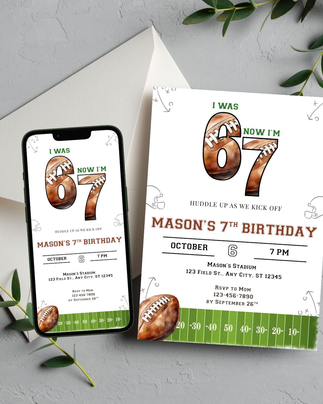 Football Six Seven Birthday Invitation, 6 7 Meme, Football 7th Birthday ...