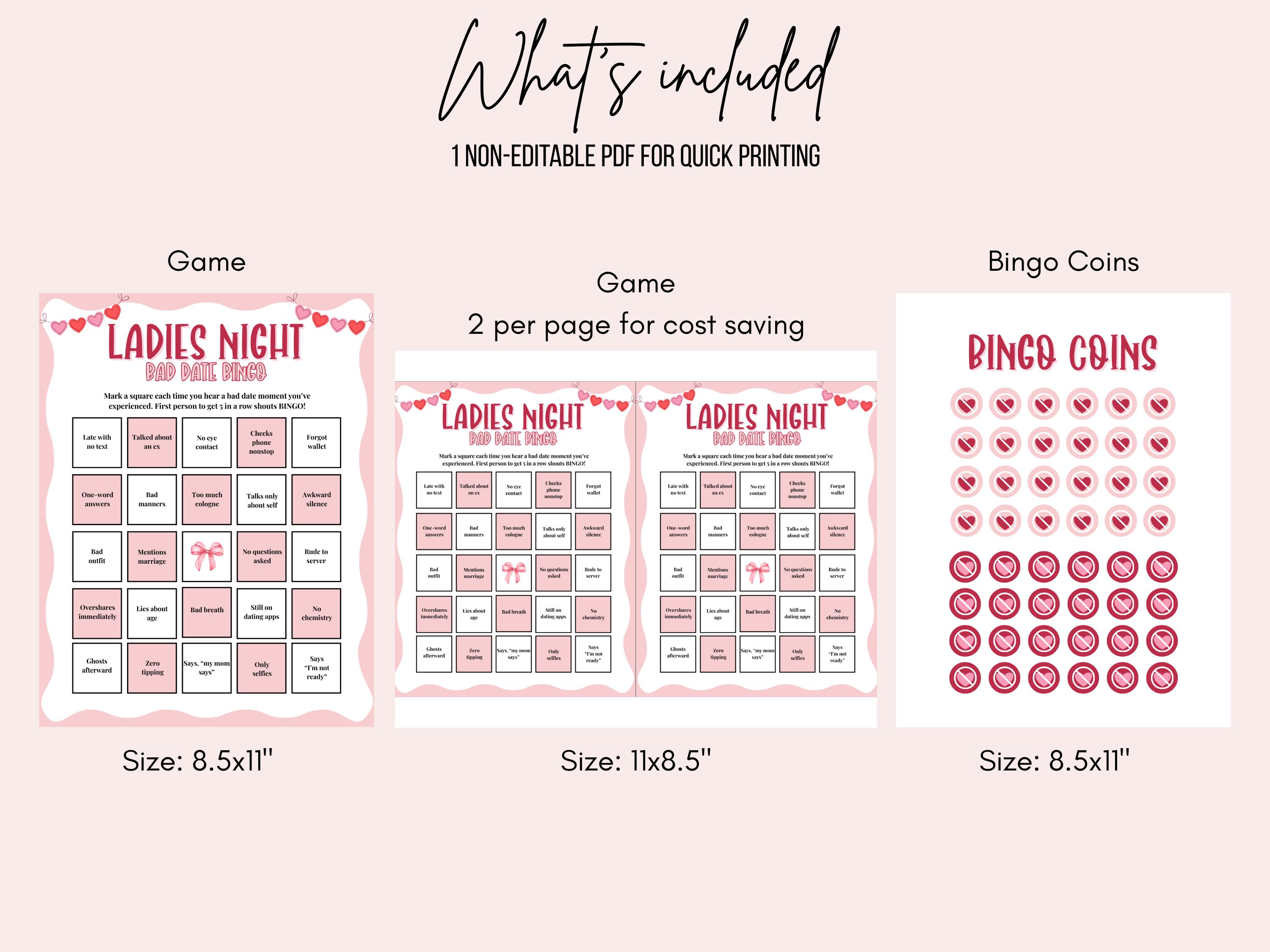 Ladies Night Bingo Game, Girls Night Bad Date Bingo, Girls Night Party ...