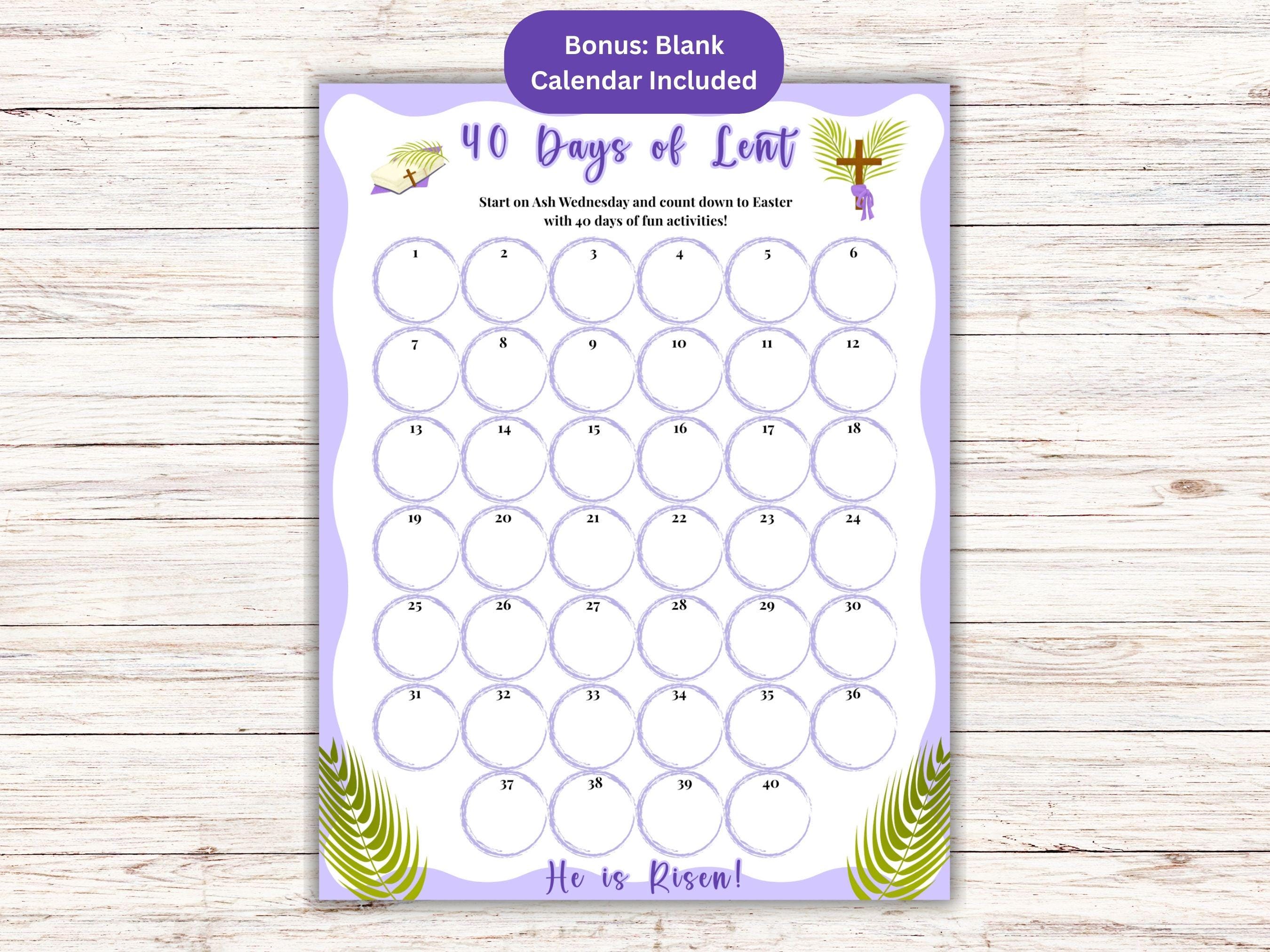 40 Days of Lent Countdown Calendar, Christian Lenten Activities for ...