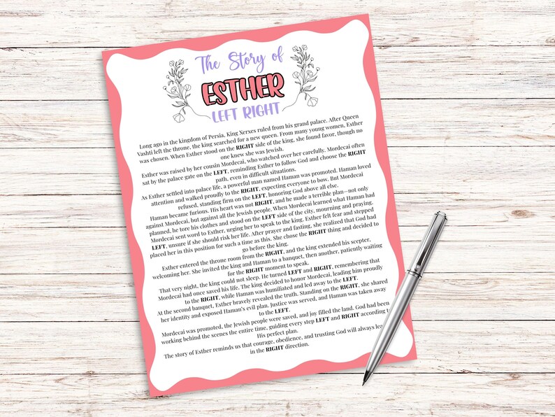 Esther Bible Left Right Game, Printable Bible Game for Kids Adults ...