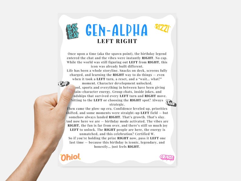 Gen Alpha Birthday Left Right Game, Teen Birthday Game for Him Her ...