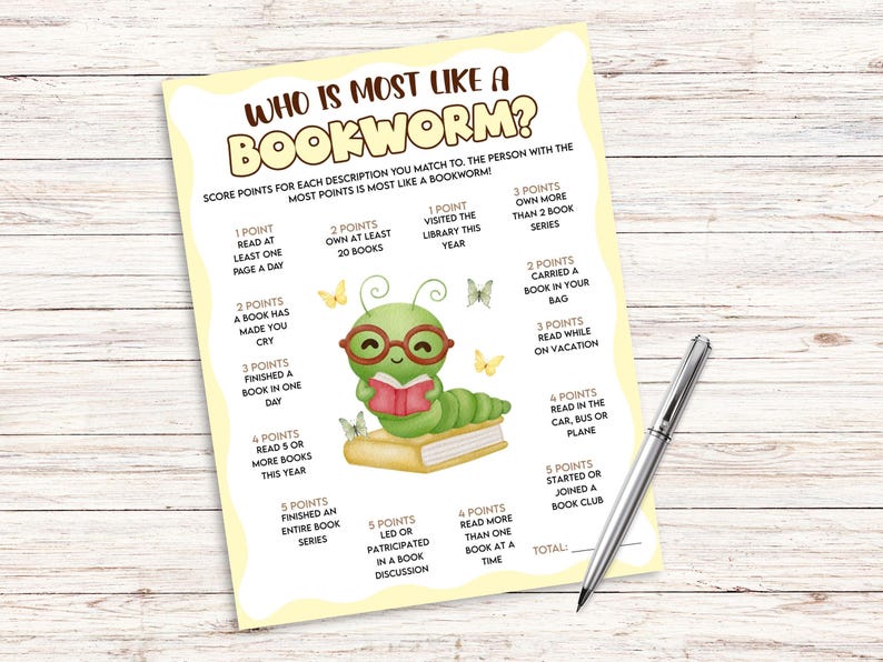 Book Club Games, Who is Most Like a Bookworm, Book Club Party Game ...