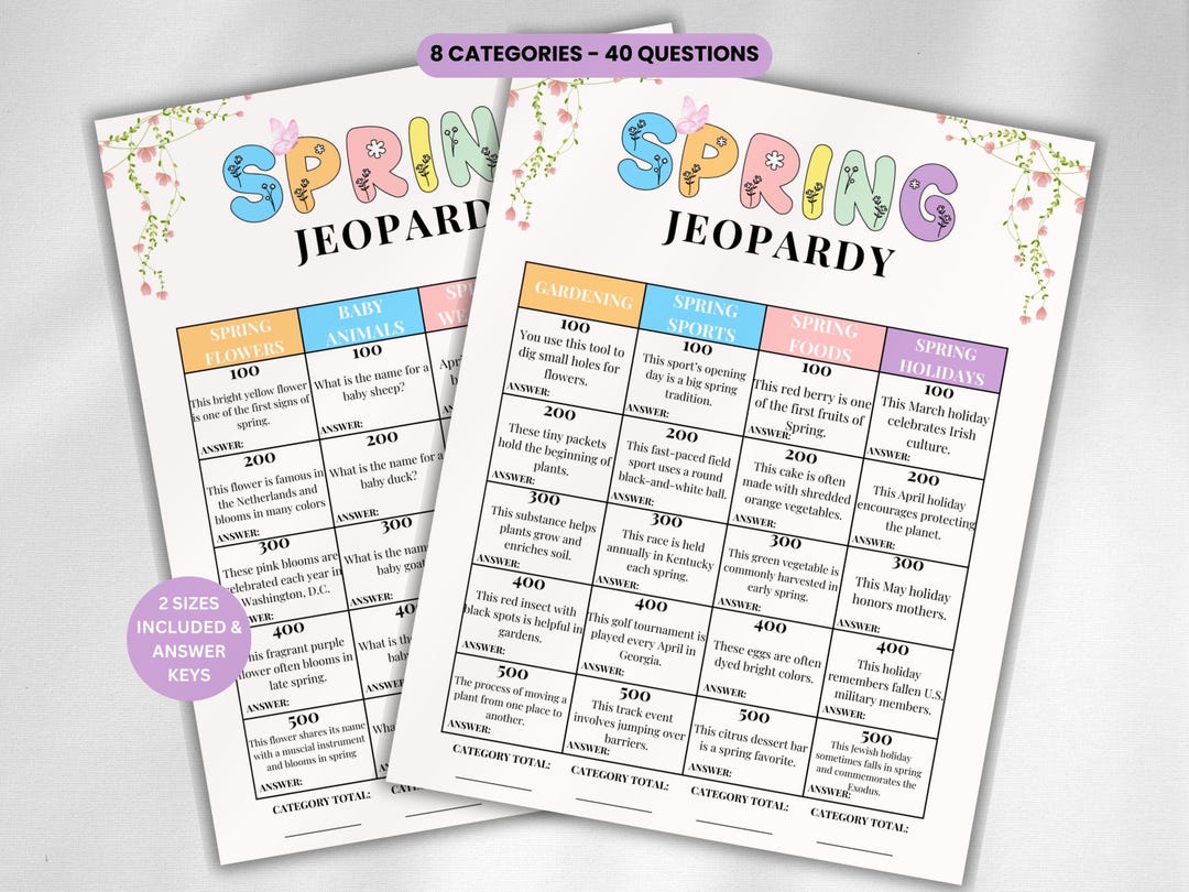 Spring Jeopardy Game, Spring Trivia Game for Kids Adults, Spring Party ...