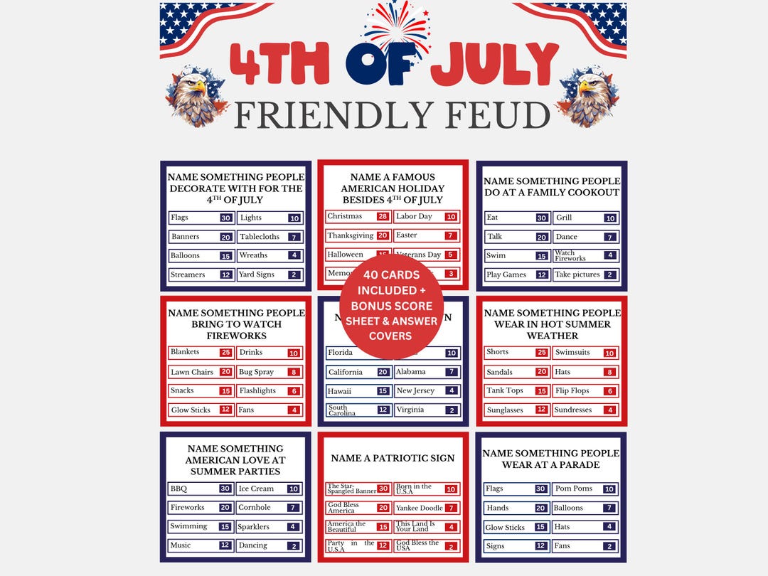 4th of July Friendly Feud Game, Printable Independence Day Party Game ...
