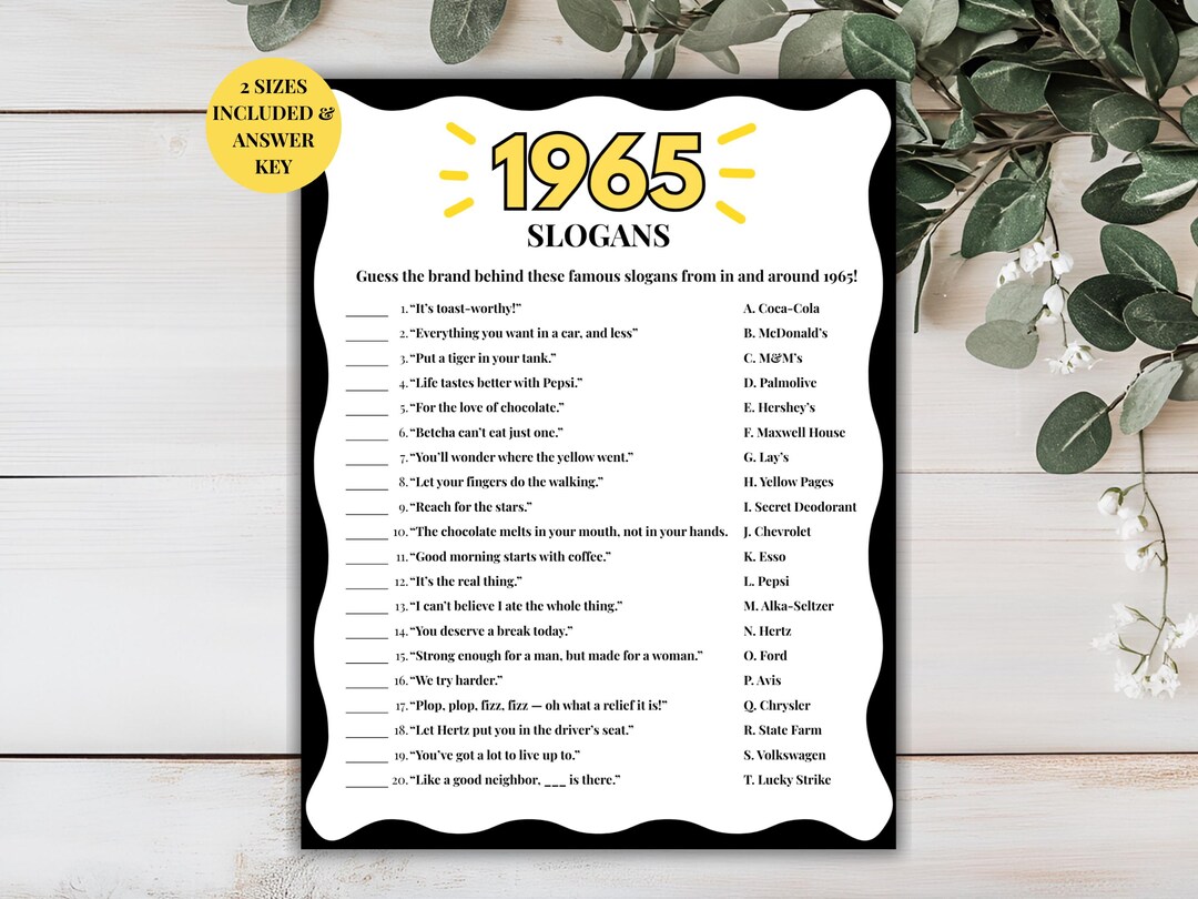 60th Birthday Slogans Game, TV and Radio Trivia Game, 1965 Trivia Match ...