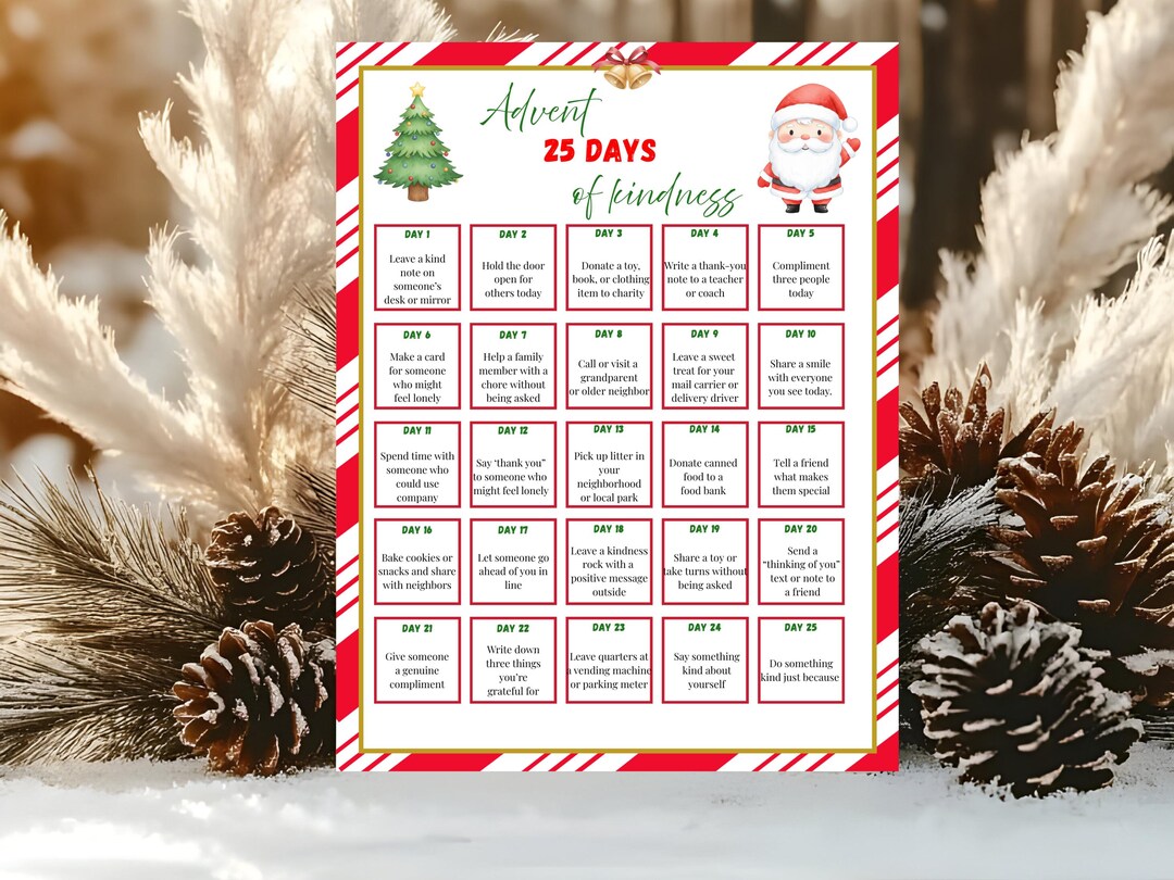 25 Days of Kindness Calendar, Printable Christmas Advent Calendar for ...