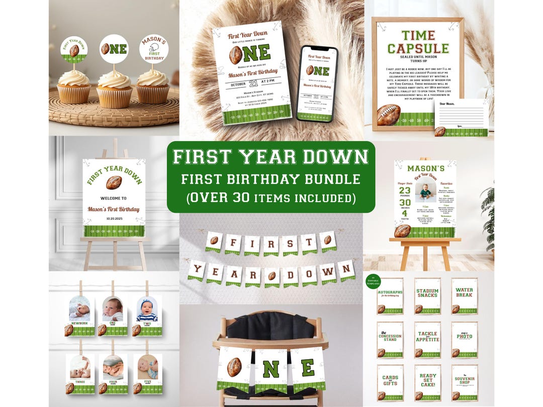 First Year Down Birthday Bundle, Football First Birthday Party Kit ...