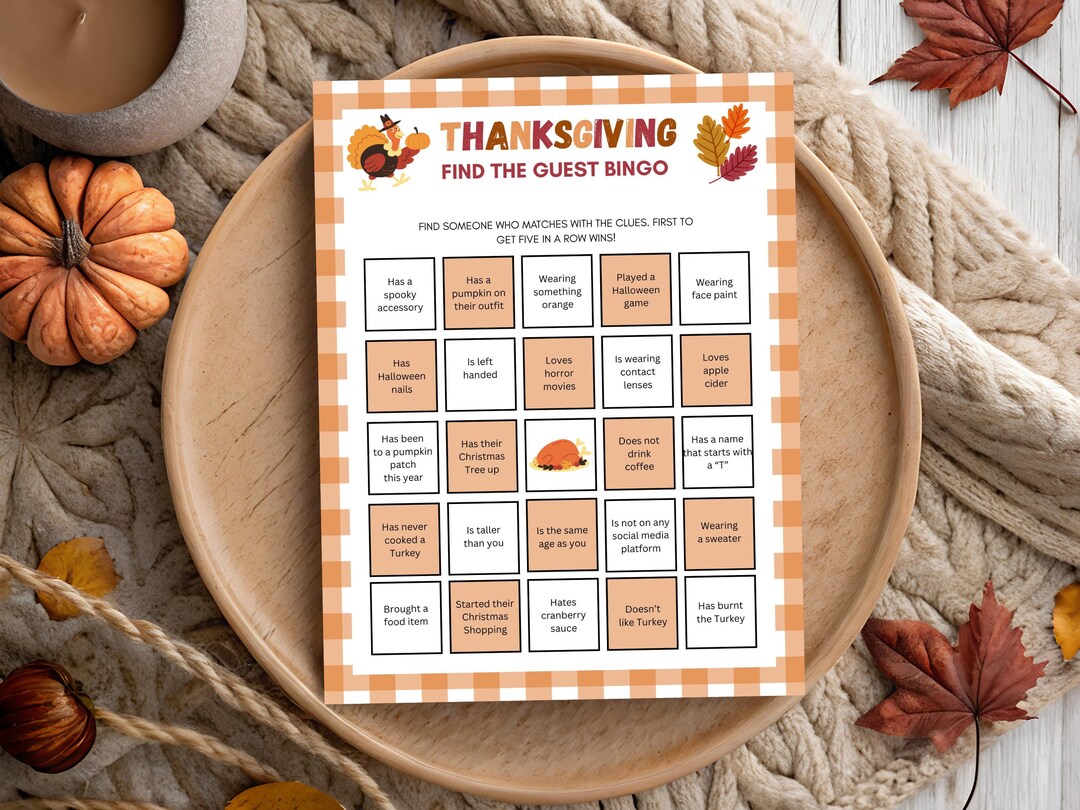Thanksgiving Find the Guest Bingo Game, Thanksgiving Party Games ...