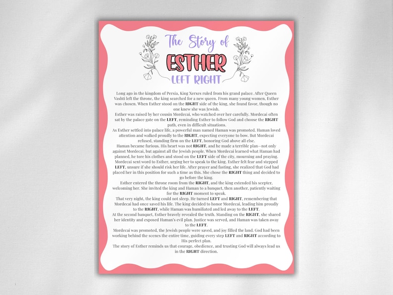 Esther Bible Left Right Game, Printable Bible Game for Kids Adults ...