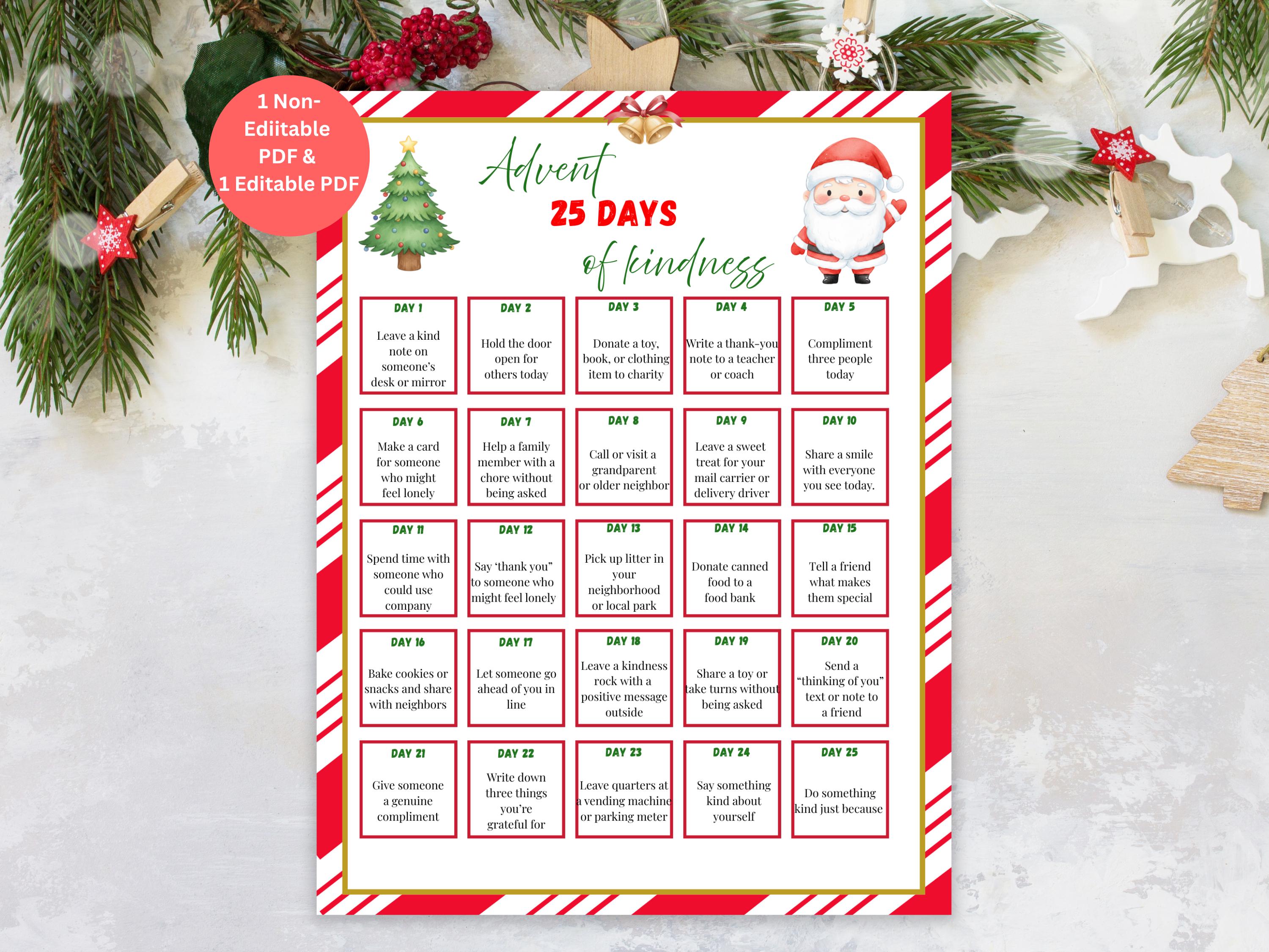 25 Days of Kindness Calendar, Printable Christmas Advent Calendar for ...