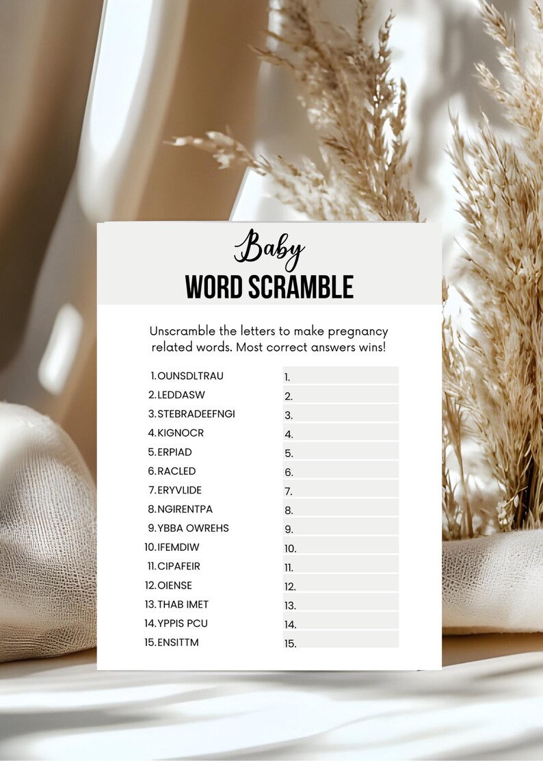 Baby Shower Word Scramble, Simple Minimalist Baby Shower Games, Baby ...
