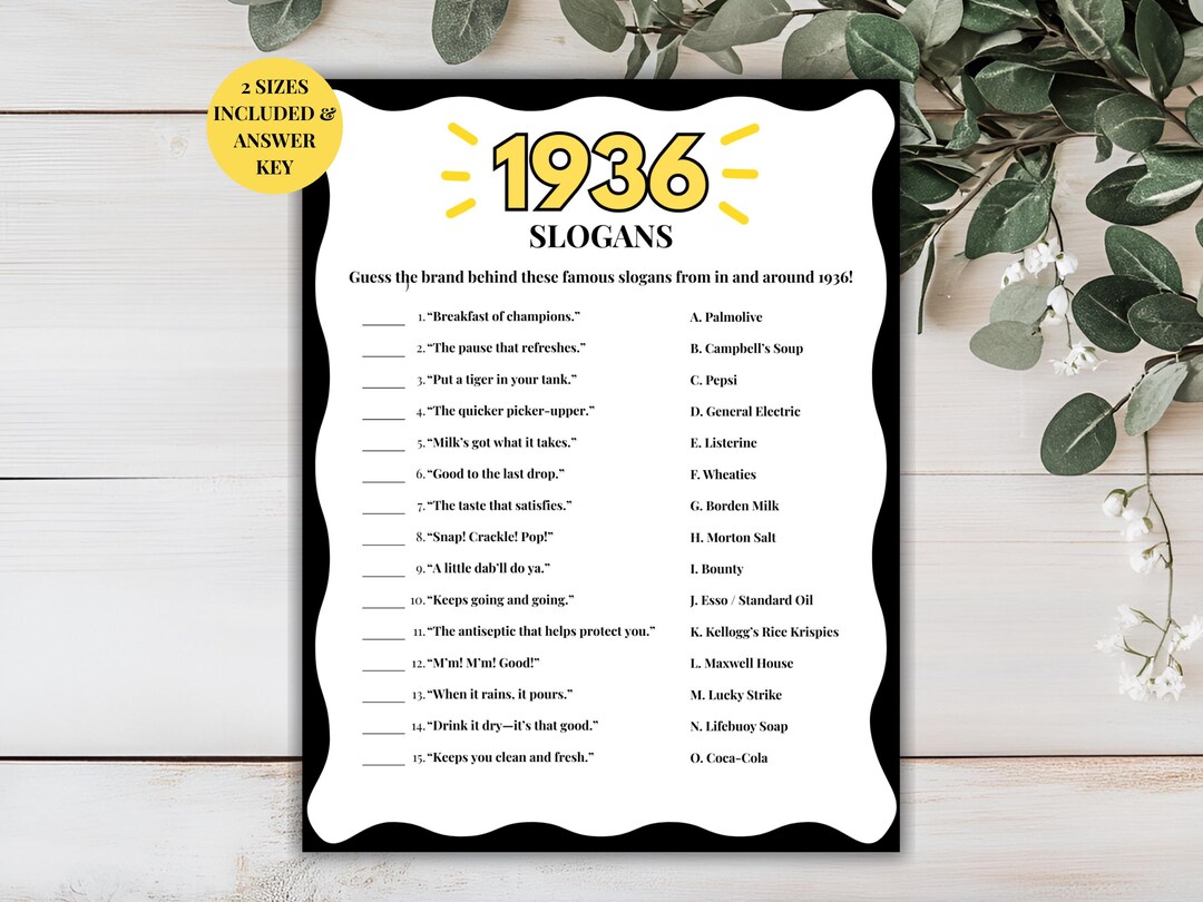 90th Birthday Slogans Game, TV and Radio Trivia Game, 1936 Trivia Match ...