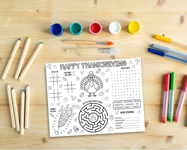 Thanksgiving Coloring Page Activity Placemat, Printable Kids ...