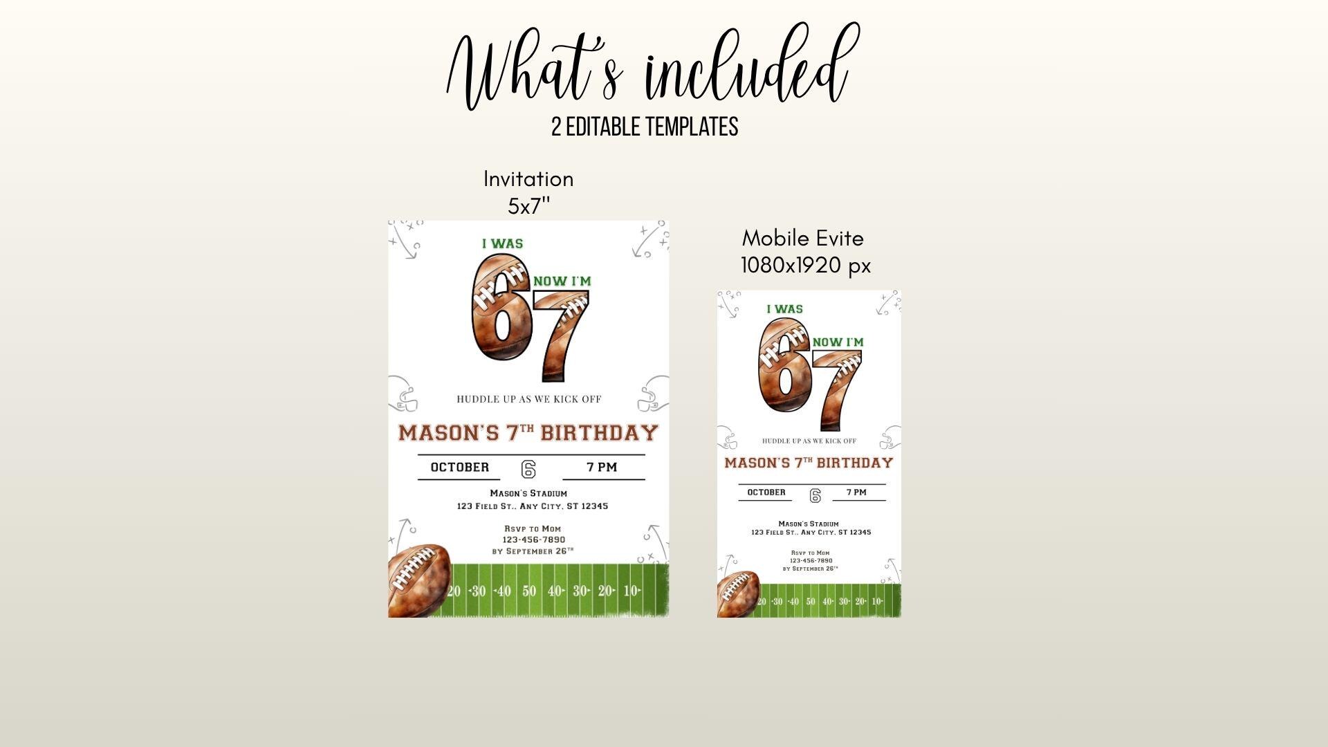 Football Six Seven Birthday Invitation, 6 7 Meme, Football 7th Birthday ...