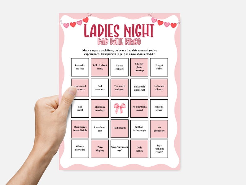Ladies Night Bingo Game, Girls Night Bad Date Bingo, Girls Night Party ...