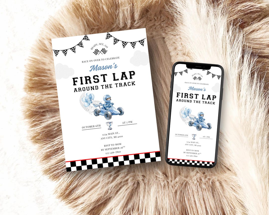 Race Car First Birthday Invitation, Racing Car First Lap Around the ...