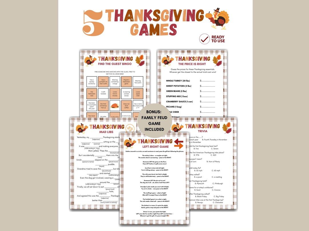 Thanksgiving Games Bundle, Printable Friendsgiving Party Games, Trivia ...