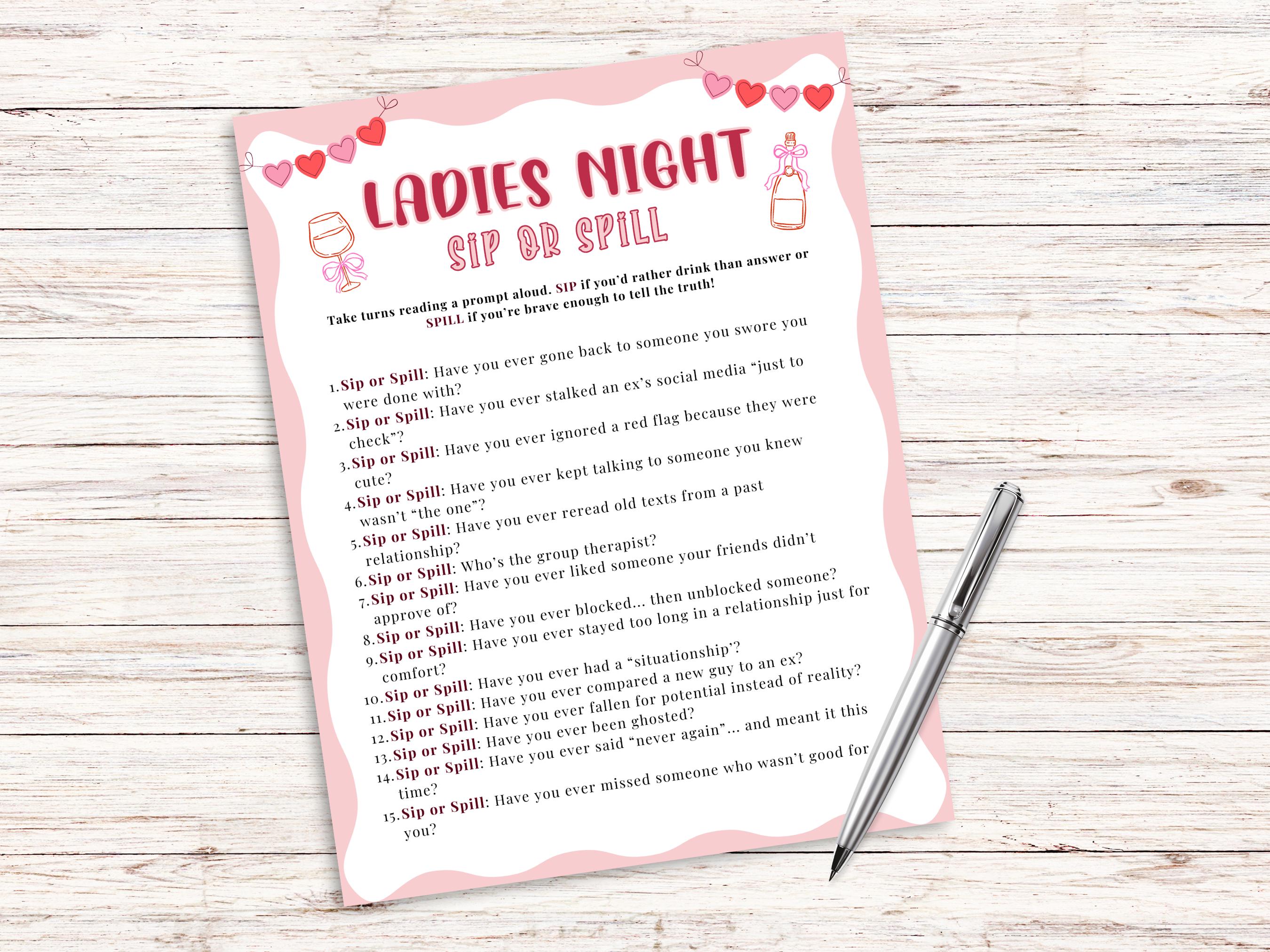 Ladies Night Sip or Spill Game, Fun Printable Girls Night Game for ...