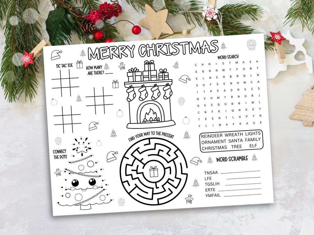 Christmas Coloring Page Activity Placemat, Printable Kids Christmas ...