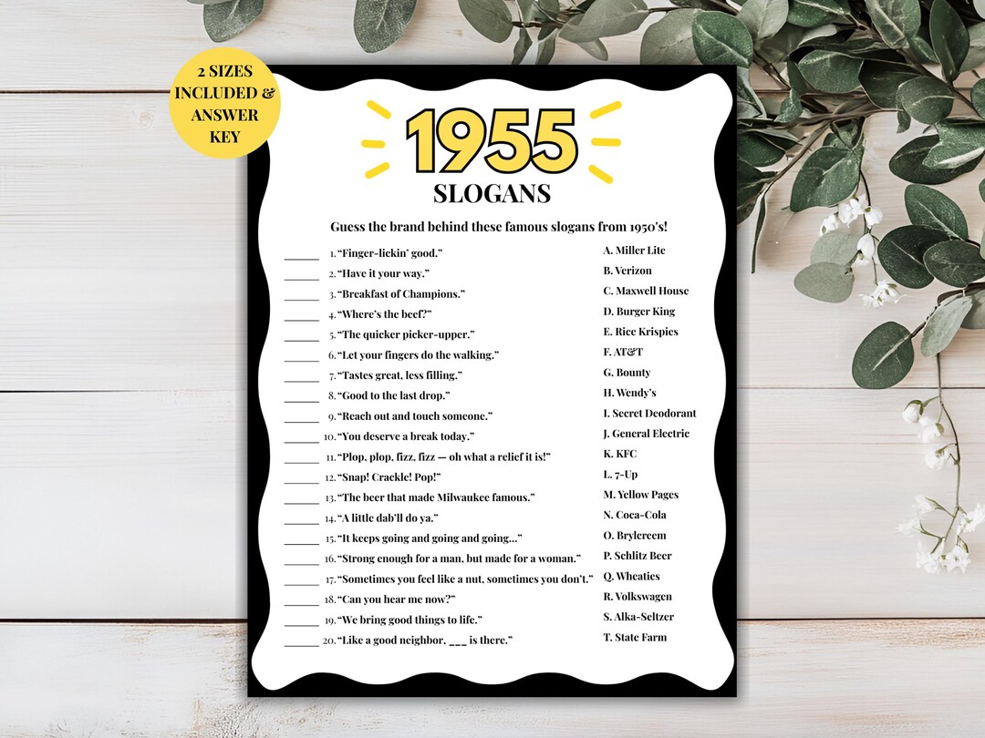 71st Birthday Slogans Game, TV and Radio Trivia Game, 1955 Trivia Match ...