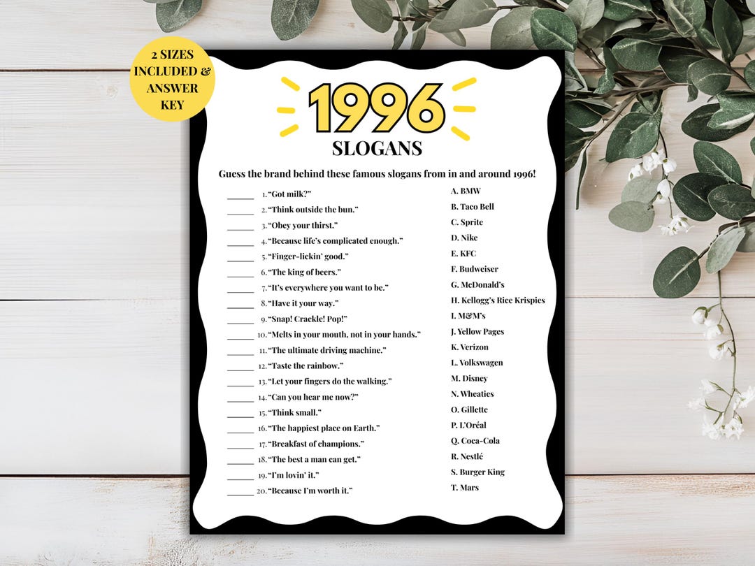 30th Birthday Slogans Game, TV and Radio Trivia Game, 1996 Trivia Match ...