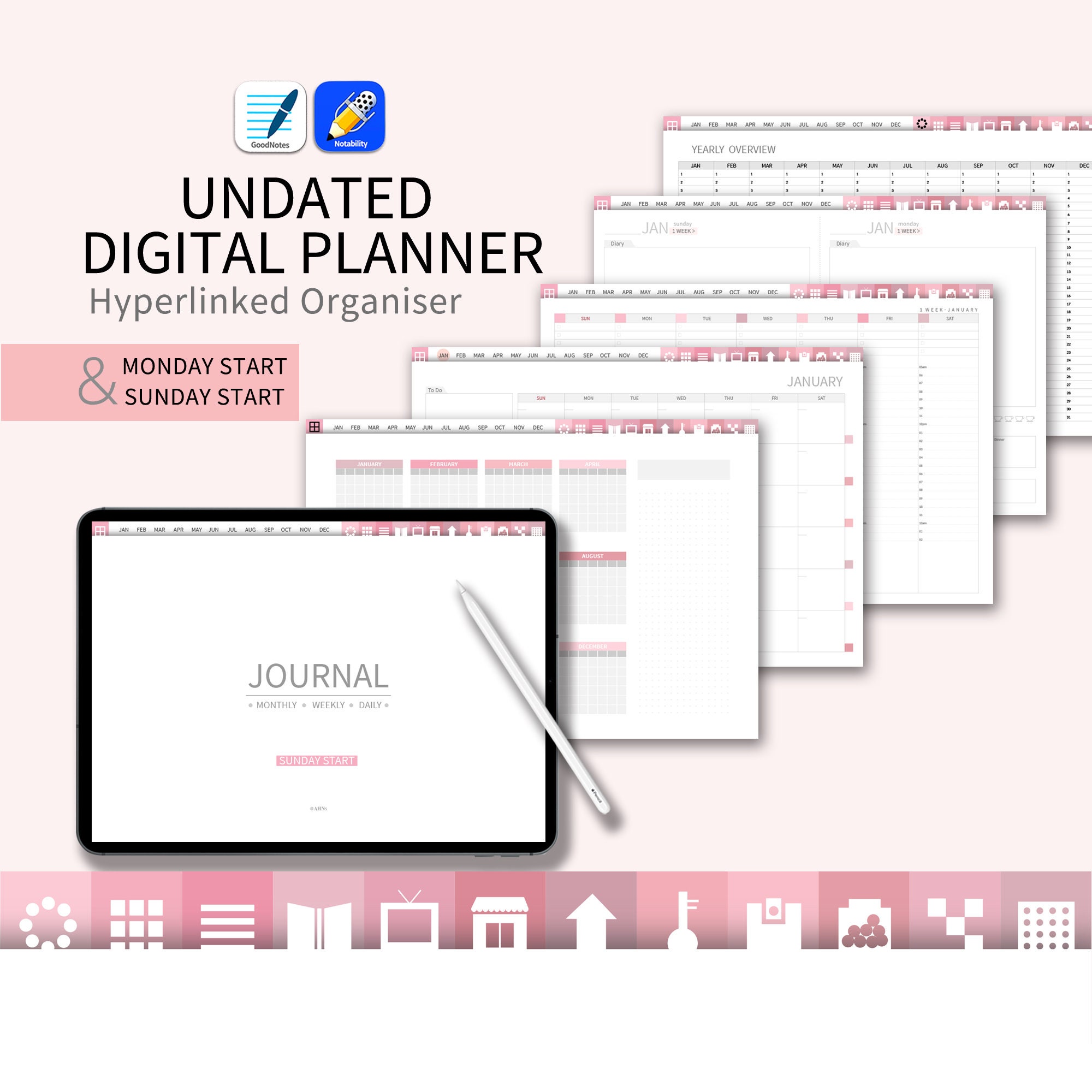 Undated yearly digital bullet journal No.02pink landscape | Etsy