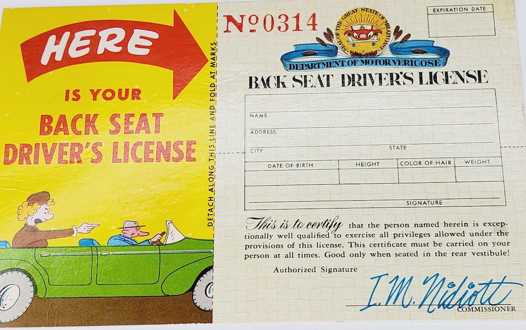Postcard Humorous HERE is Your Back Seat Drivers License No 0314 - Etsy