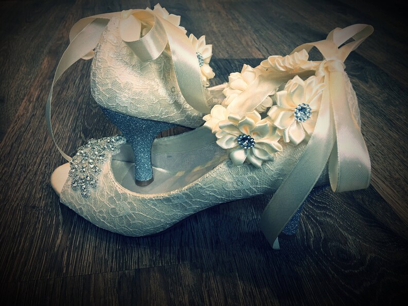 Low Heel Ivory Lace Covered Peep Toes With Rhinestone - Etsy